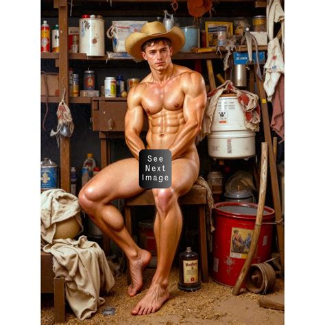 Pin Up High Gloss Poster Gay Cowboy Workshop Poster Seated Muscular