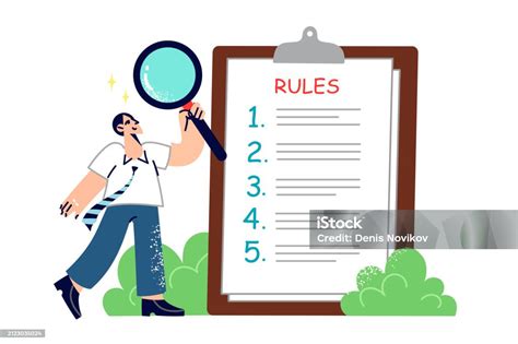 사업가가 돋보기를 손에 들고 직원 회사 규칙이 적힌 클립보드를 공부하고 있습니다 개념에 대한 스톡 벡터 아트 및 기타 이미지 개념 개념과 주제 검사 보기 Istock