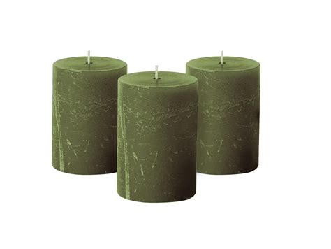 Pine Scented Candles 3x3 Inch Moss Green Pillar Candles Set Of 3