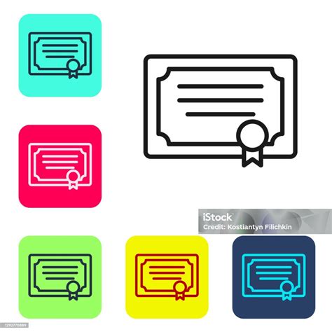 흰색 배경에 격리된 검은색 줄 인증서 템플릿 아이콘입니다 성취 수상 학위 보조금 졸업장 개념 색상 정사각형 단추로 아이콘을