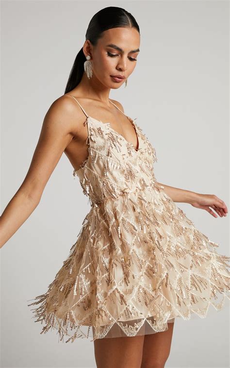 Khrizza Mini Dress Sequin Gathered Dress In Gold Gathered Dress