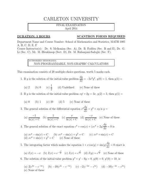 Math 1005 Exam April 2014 Post Pdf Power Series Equations