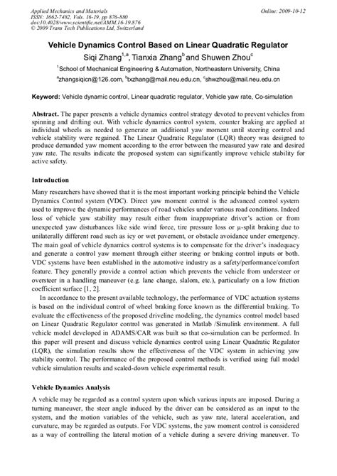 Vehicle Dynamics Control Based On Linear Quadratic Regulator Scientificnet
