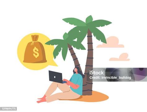 노트북에 야자수 독서 정보 아래에 앉아 젊은 프리랜서 캐릭터 자유와 수동 소득을 즐기는 개념에 대한 스톡 벡터 아트 및 기타 이미지 개념 경영자 관광 리조트 Istock
