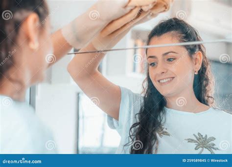 Pretty Caucasian Girl Smiling While Cleaning The Mirror With A Rag Stock Image Image Of Gloves
