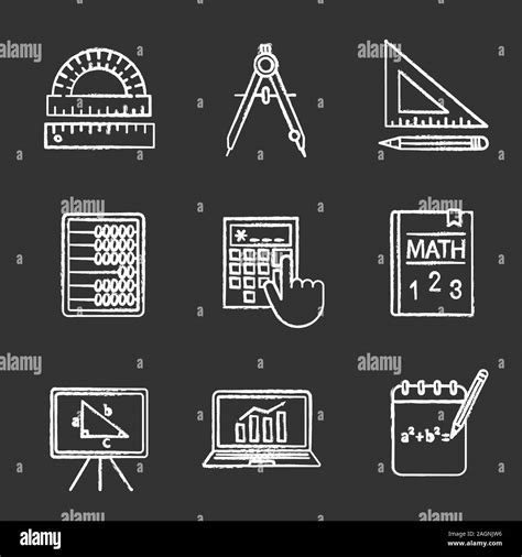 Mathematics Chalk Icons Set Geometry And Algebra Drafting Tools