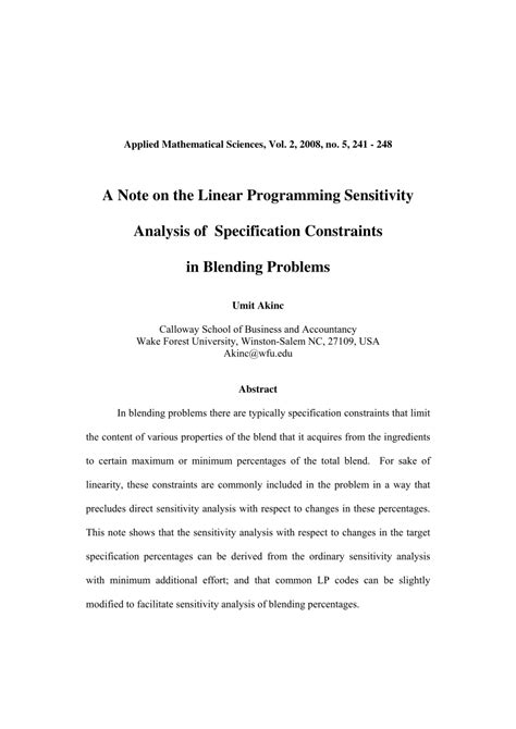 Pdf A Note On The Linear Programming Sensitivity Analysis Of