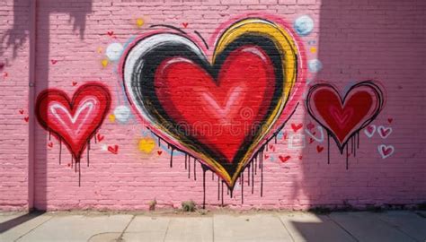 Pink Brick Wall Decorated With Vibrant Colorful Hearts Graffiti Street