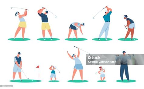 골퍼 캐릭터 클럽 키즈 골프와 골프 선수 클럽으로 공을 치는 골퍼 골프를 치는 사람들 야외 스포츠 벡터 세트 골프에 대한 스톡 벡터 아트 및 기타 이미지 Istock