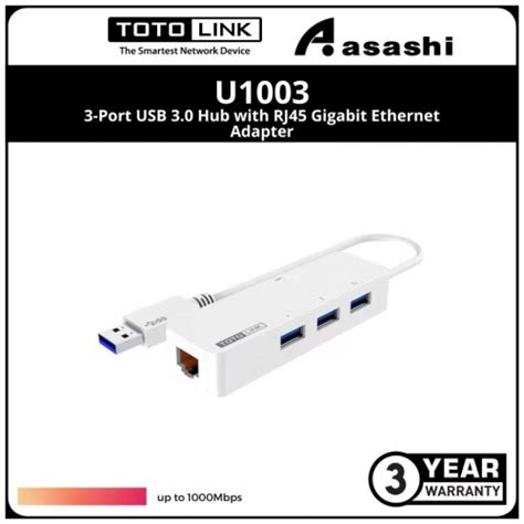 Totolink U1003 3 Port Usb 3 0 Hub With Rj45 Gigabit Ethernet Adapter Adtttlu1003 Asashi