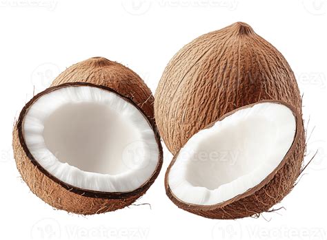 A Fresh Cocut Sits Beside Its Halved Counterpart Exposing The Creamy