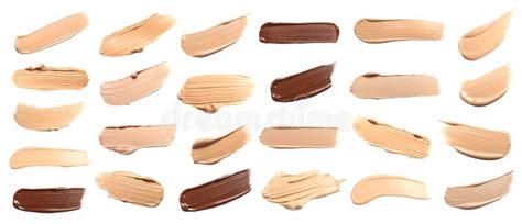Set Of Foundation Samples In Different Tones On White Background Stock