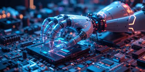Robotic Arm Interacting With Circuit Board Advanced Technology And Artificial Intelligence