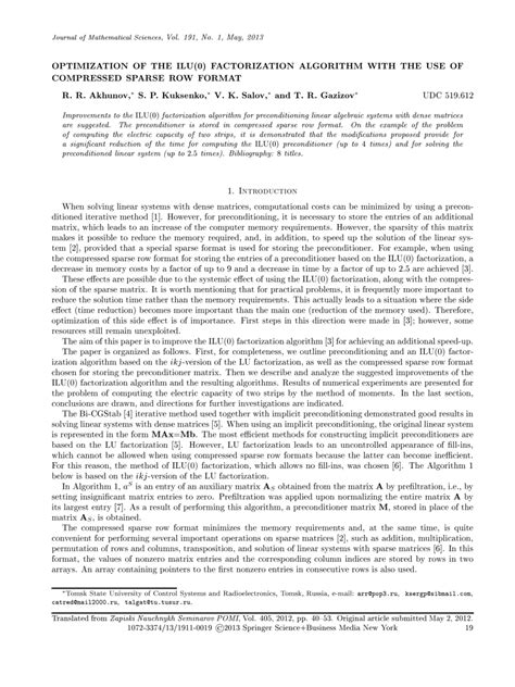 pdf optimization of the ilu 0 factorization algorithm with the use