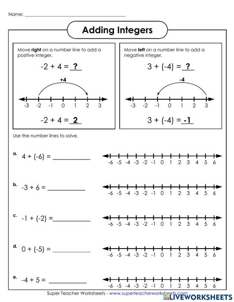 Adding Integers Using A Number Line Online Exercise For Live Worksheets