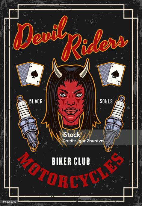 바이커 클럽 벡터 빈티지 컬러 포스터에는 악마 소녀 머리와 점화 플러그가 있습니다 벡터 장식 템플릿 그림 Biker Gang에