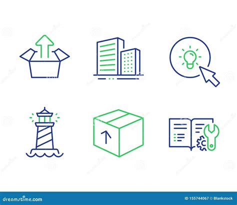 Energy Buildings And Lighthouse Icons Set Package Send Box And Engineering Documentation