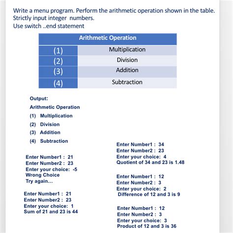 Write A Menu Program Perform The Arithmetic