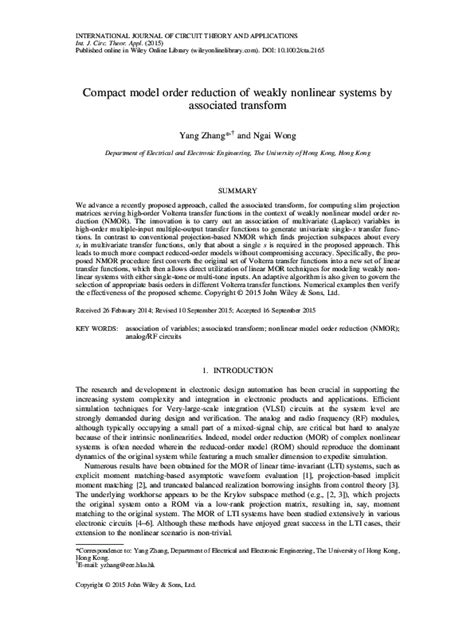 Pdf Compact Model Order Reduction Of Weakly Nonlinear Systems By Associated Transform
