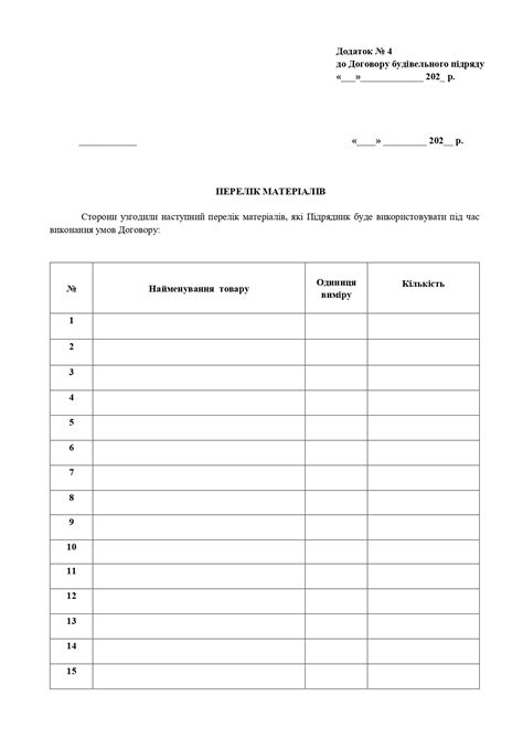 Додаток до Договору будівельного підряду перелік матеріалів шаблон зразок договору Україна