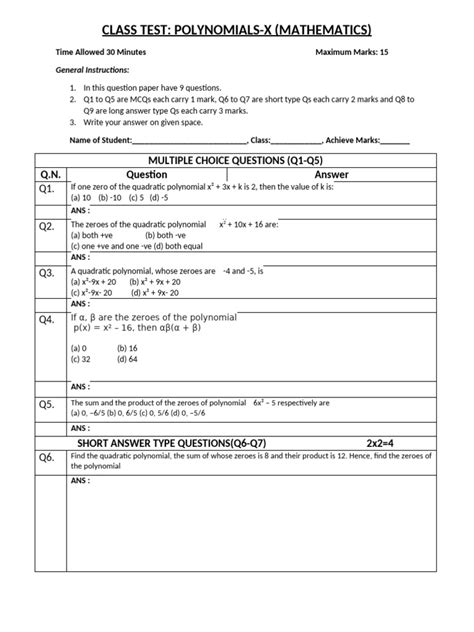 Self Test Polynomials Class 10 Pdf