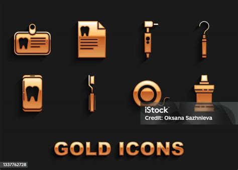 칫솔 세트 치아용 치과 익스플로러 스케일러 구강 세척 플라스틱 병 치실 온라인 치과 치료 드릴 치아 및 클립 보드 아이콘이있는 Id 카드 벡터 건강 진단에 대한 스톡 벡터