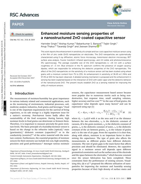 Pdf Enhanced Moisture Sensing Properties Of A Nanostructured Zno Coated Capacitive Sensor