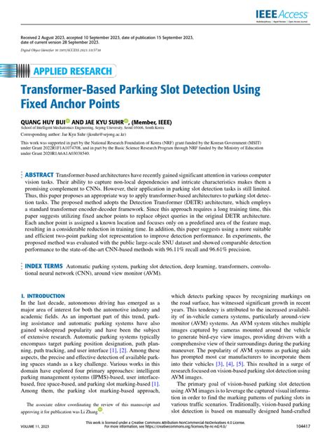 Transformer Based Parking Slot Detection Using Fixed Anchor Points Pdf Artificial