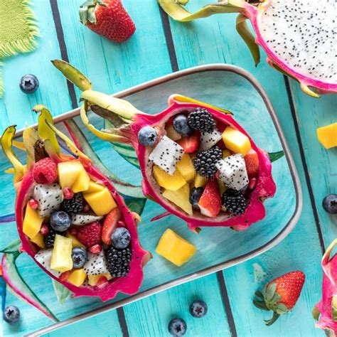 Bright Colourful Freshly Made Dragon Fruit Bowls Ready For Eating Stock Image Image Of