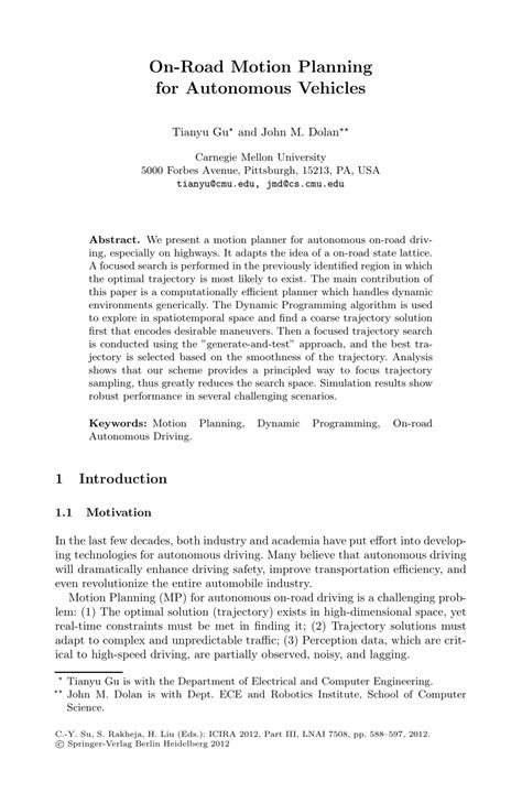 Pdf On Road Motion Planning For Autonomous Vehicles