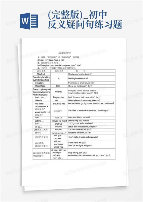 完整版 初中反义疑问句练习题word模板下载 编号qboagyoj 熊猫办公