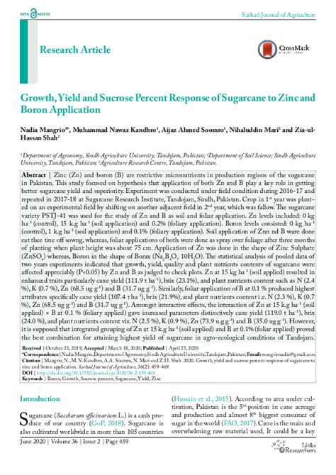 Pdf Growth Yield And Sucrose Percent Response Of Sugarcane To Zinc And Boron Application