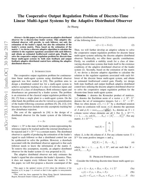 pdf the cooperative output regulation problem of discrete time linear