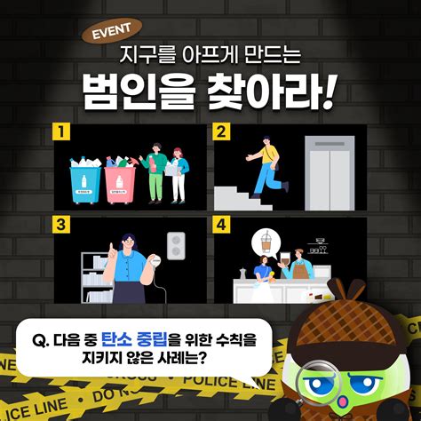 한국바스프 Event 지구를 아프게 만드는 범인은 누구 다음 이미지에서 탄소 중립 실천을 지키지 않고 있는 사례는 몇 번일까요 환경을 보호하기 위한 해결 방안은