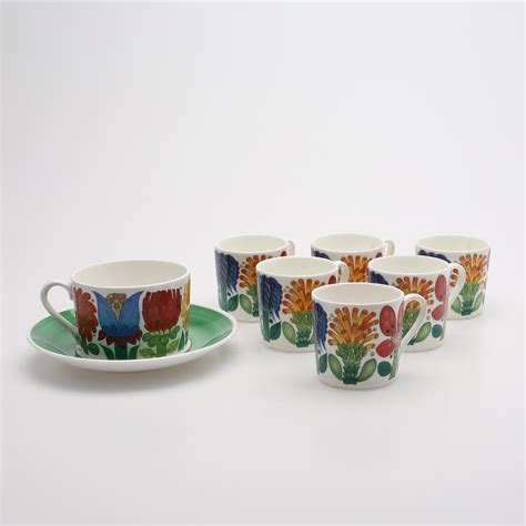 Stig Lindberg Kaffekoppar Sex Stycken Samt Tekopp Med Fat Tahiti