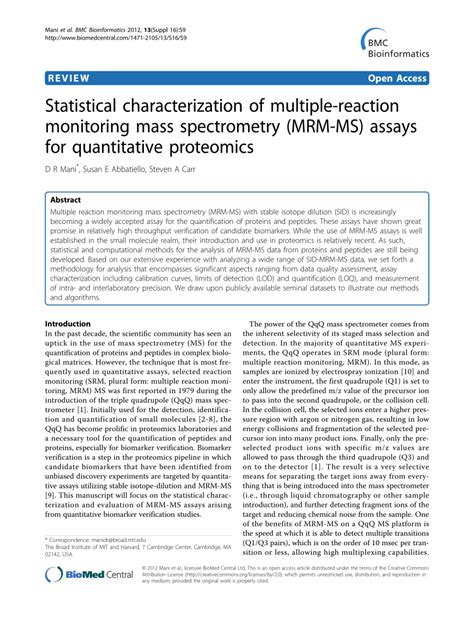 Pdf Statistical Characterization Of Multiple Reaction Monitoring Mass Spectrometry Mrm Ms