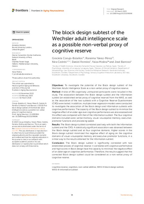 Pdf The Block Design Subtest Of The Wechsler Adult Intelligence Scale As A Possible Non Verbal