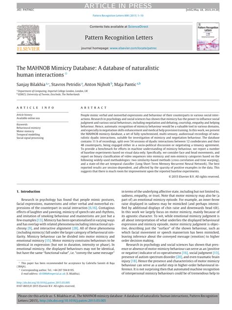 Pdf The Mahnob Mimicry Database A Database Of Naturalistic Human