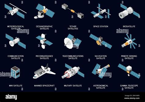 Isometric Set Of Various Types Of Satellites And Spacecrafts Isolated
