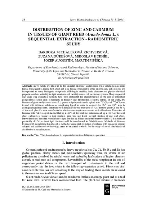 Pdf Distribution Of Zinc And Cadmium In Tissues Of Giant Reed Arundo