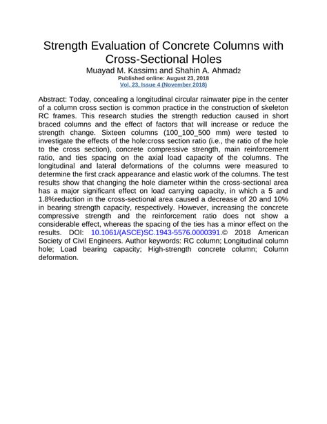 Pdf Strength Evaluation Of Concrete Columns With Cross Sectional Holes
