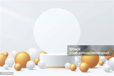 럭셔리 구공 또는 거품과 현실적인 금과 흰색 3d 실린더 받침대 연단 제품 쇼케이스 무대 프로모션 디스플레이를위한 최소한의 벽 장면 벡터 추상 스튜디오 룸 플랫폼 디자인