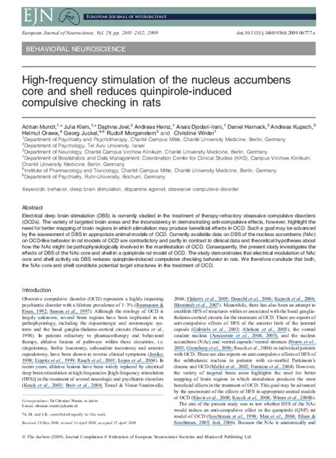 Pdf High Frequency Stimulation Of The Nucleus Accumbens Core And Shell Reduces Quinpirole