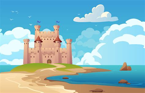 해안 왕국 벡터의 여름 풍경 강가에 동화 성으로가는 길 중세 빈티지 돌 궁전 강에 대한 스톡 벡터 아트 및 기타 이미지 강 건물 외관 건축 Istock