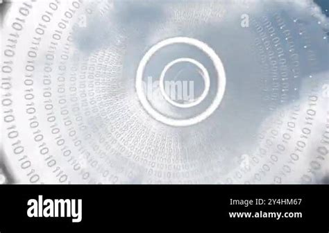 Binary Code Animation Forming Vortex Pattern Over Cloudy Sky Background