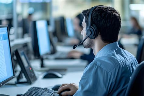 Man Wearing Headset Working At A Computer In An Office Premium Ai Generated Image