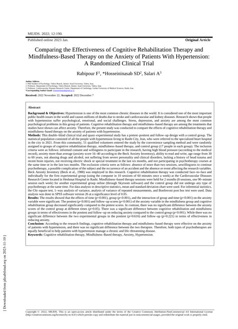 Pdf Comparing The Effectiveness Of Cognitive Rehabilitation Therapy And Mindfulness Based