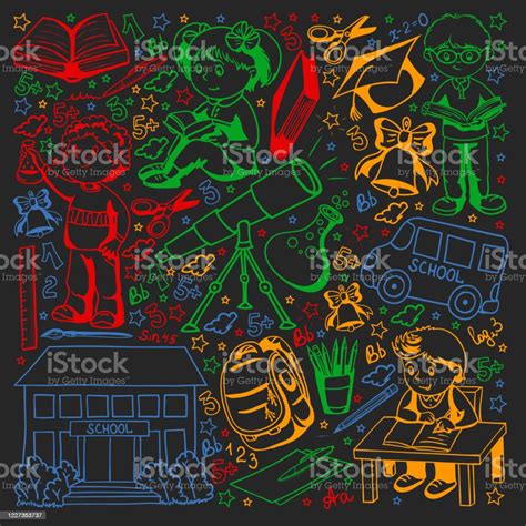 어린 아이와 벡터 패턴입니다 학교로 돌아갑니다 지리학 기하학 수학 물리학 화학 천문학 9월에 대한 스톡 벡터 아트 및 기타