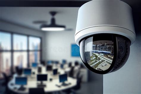Close Up Of Security Camera Lens Showing Detailed View Of Office