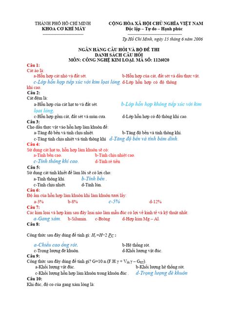 (123doc) - Cau-Hoi-Thi-Qua-Trinh-Cong-Nghe-Kim-Loai | PDF